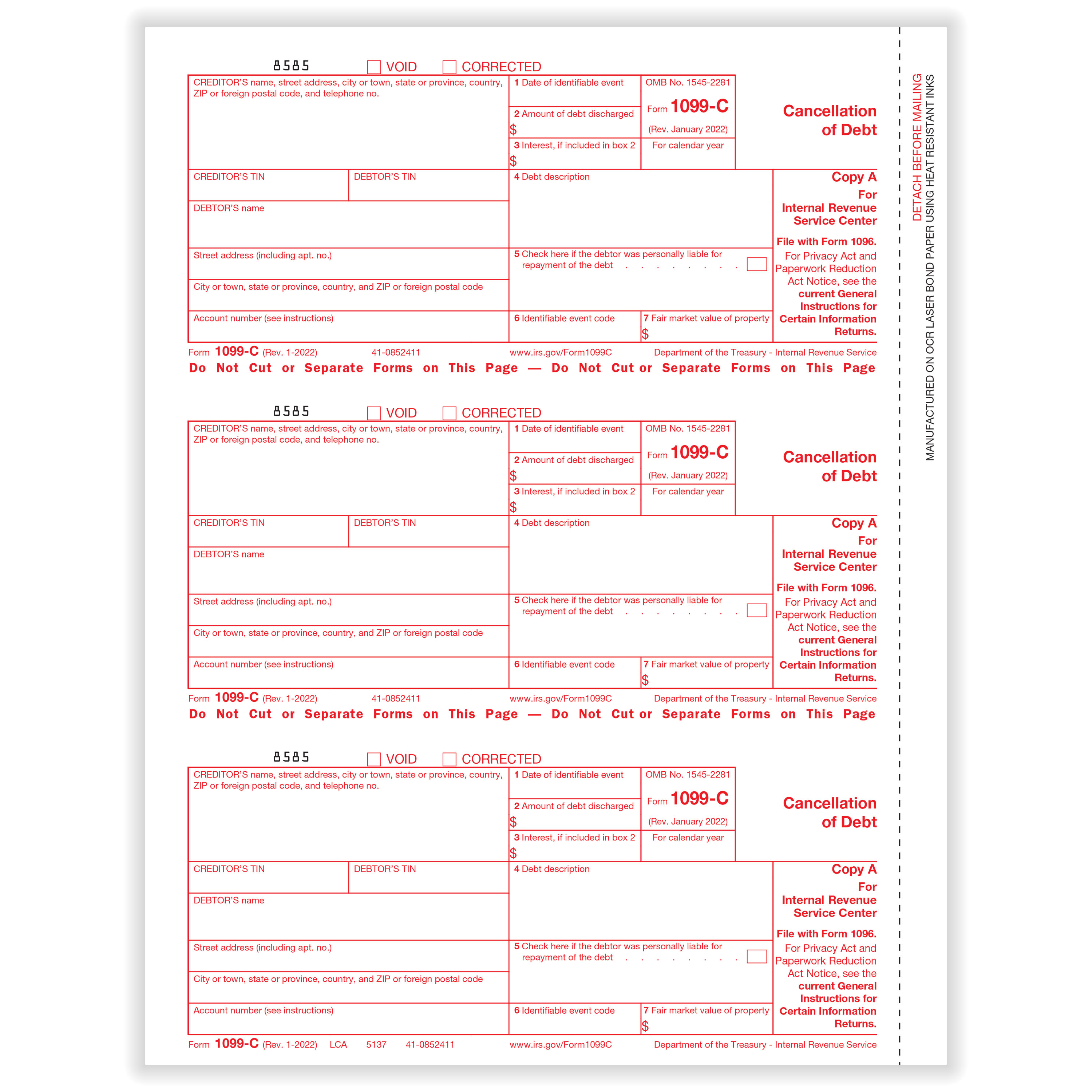 ComplyRight 1099-C Tax Forms, 3-Up, Federal Copy A, Laser, 8-1/2" x 11 ...