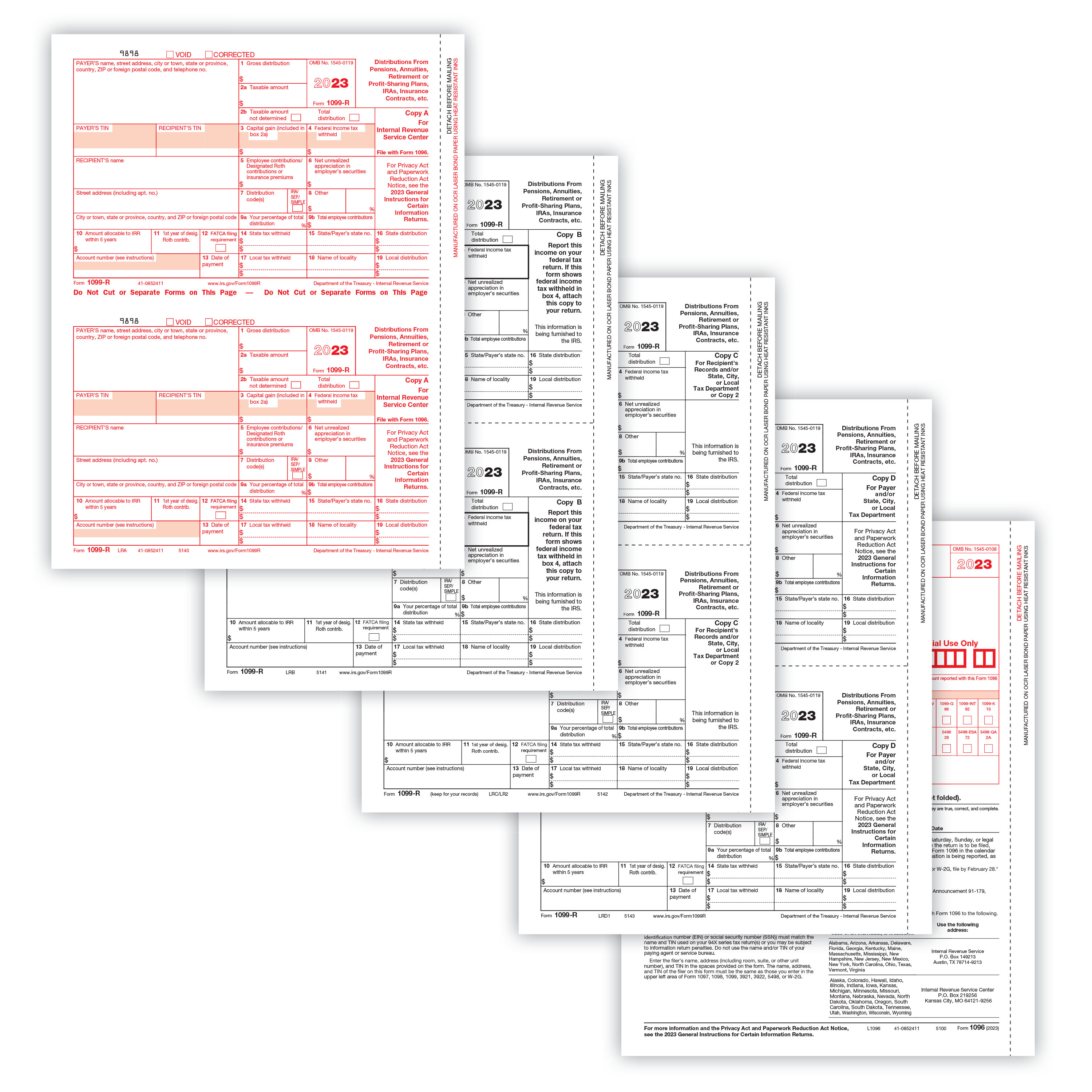 ComplyRight 1099-R Tax Forms, 6-Part, 2-Up, Copies A, B, C, D, Laser, 8 ...