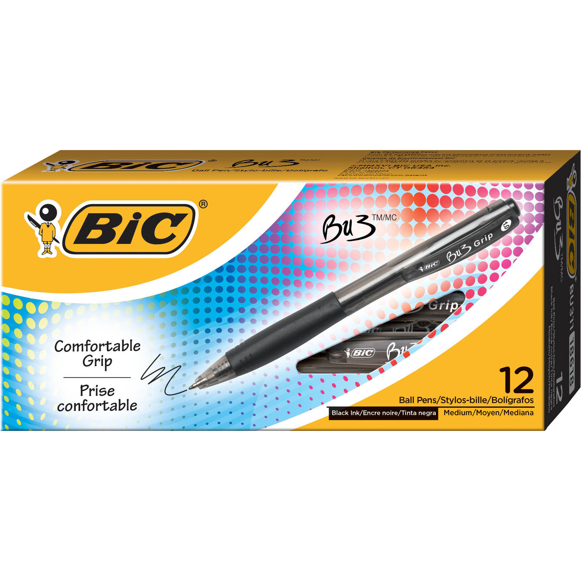 BIC BU3 Grip Retractable Ballpoint Pens, Medium Point, 1.0 mm, Clear ...