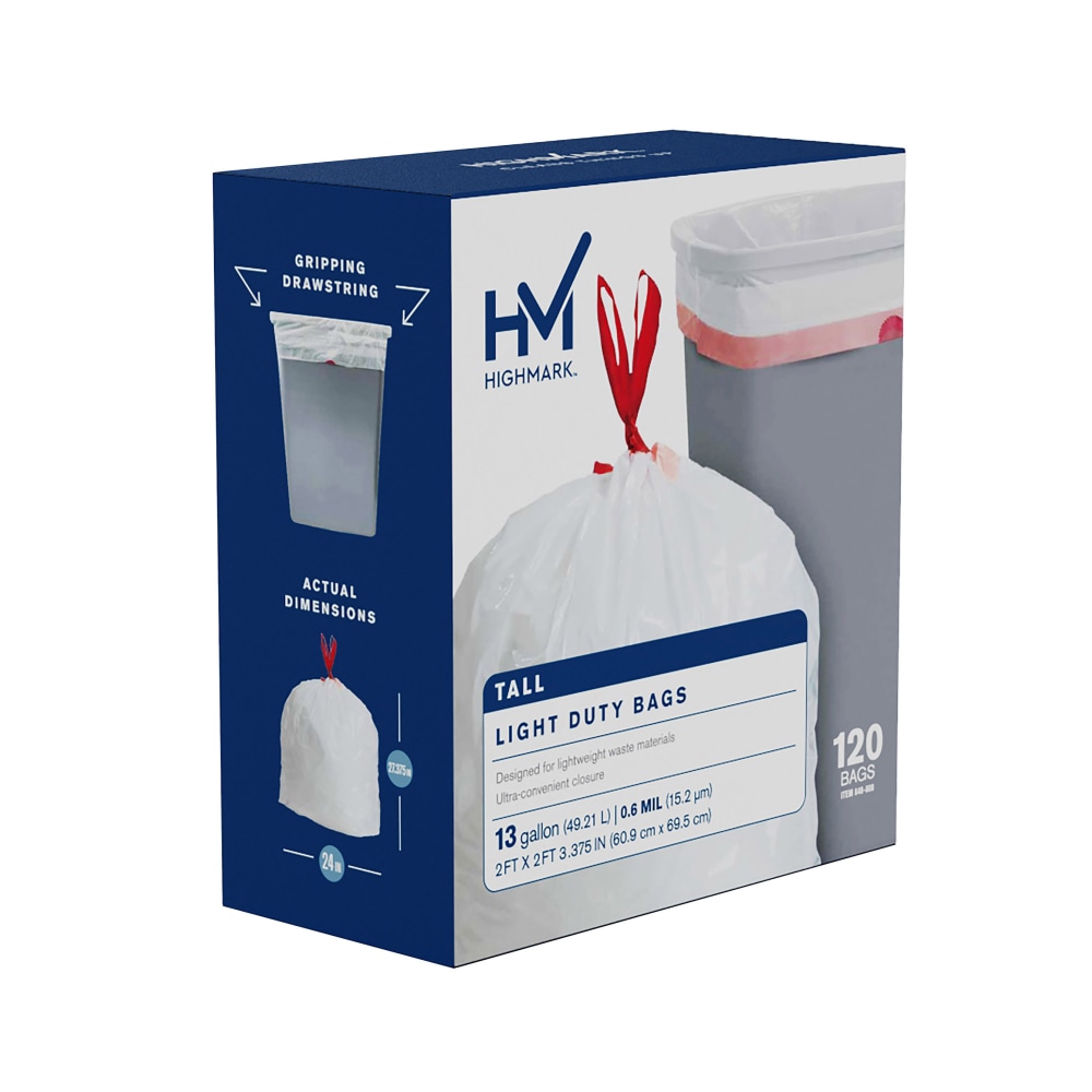 Highmark Tall 0.6 mil Drawstring Kitchen Trash Bags, 0.6 mil, 13 Gallon ...