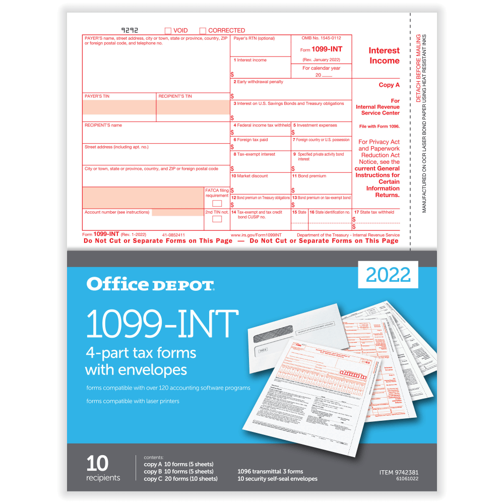 1099-INT Laser Tax Forms And Envelopes, 4-Part, 2-Up, 8-1/2" x 11 ...