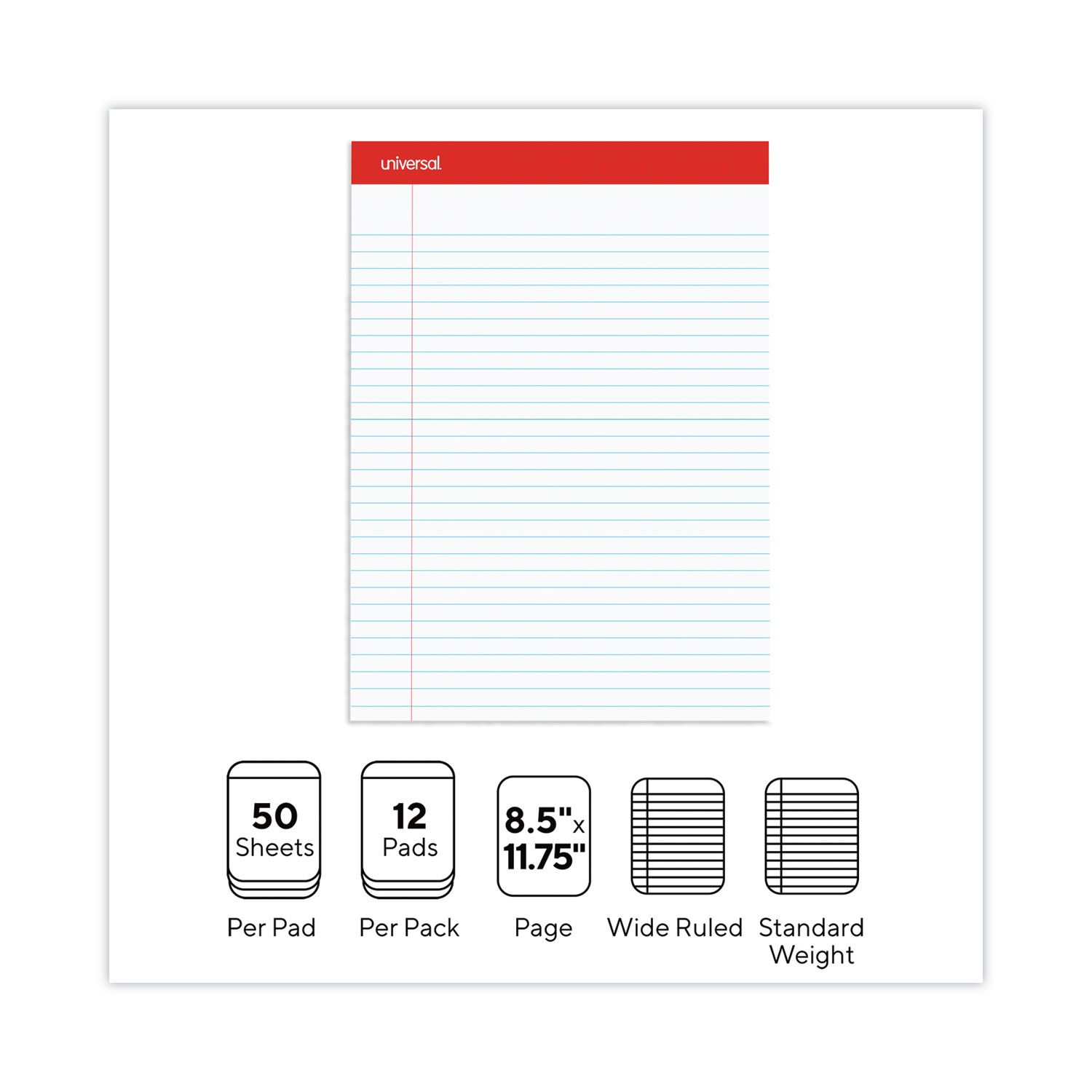 Universal Perforated Ruled Writing Pads, Red Headband, Wide/Legal Rule ...