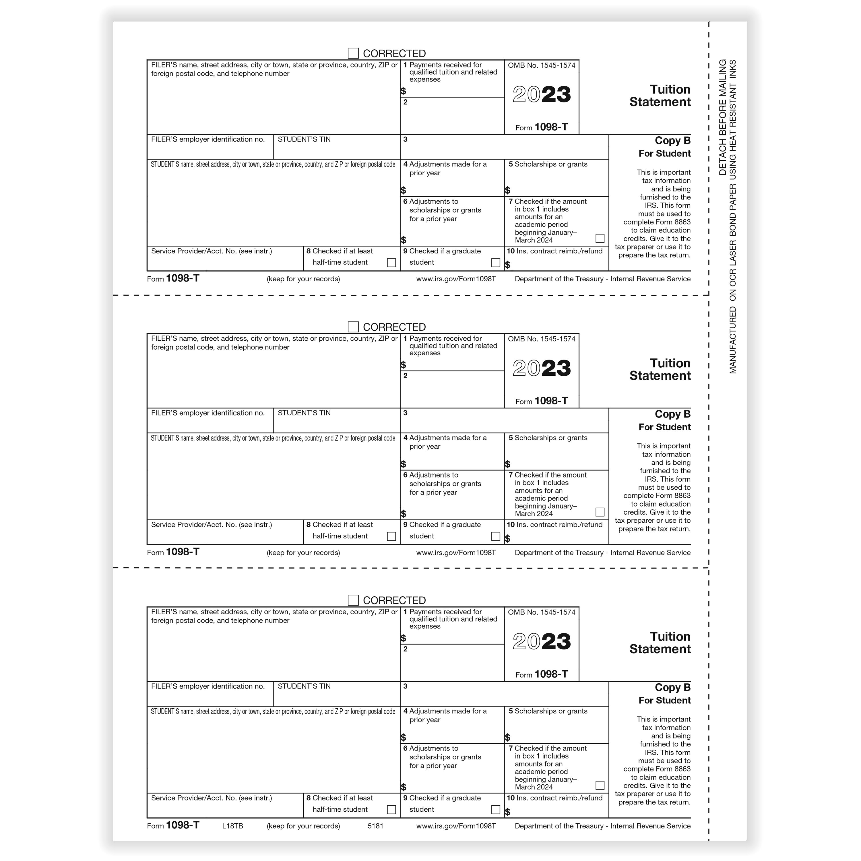 ComplyRight 1098-T Tax Forms, 3-Up, Student Copy B, Laser, 8-1/2" x 11 ...