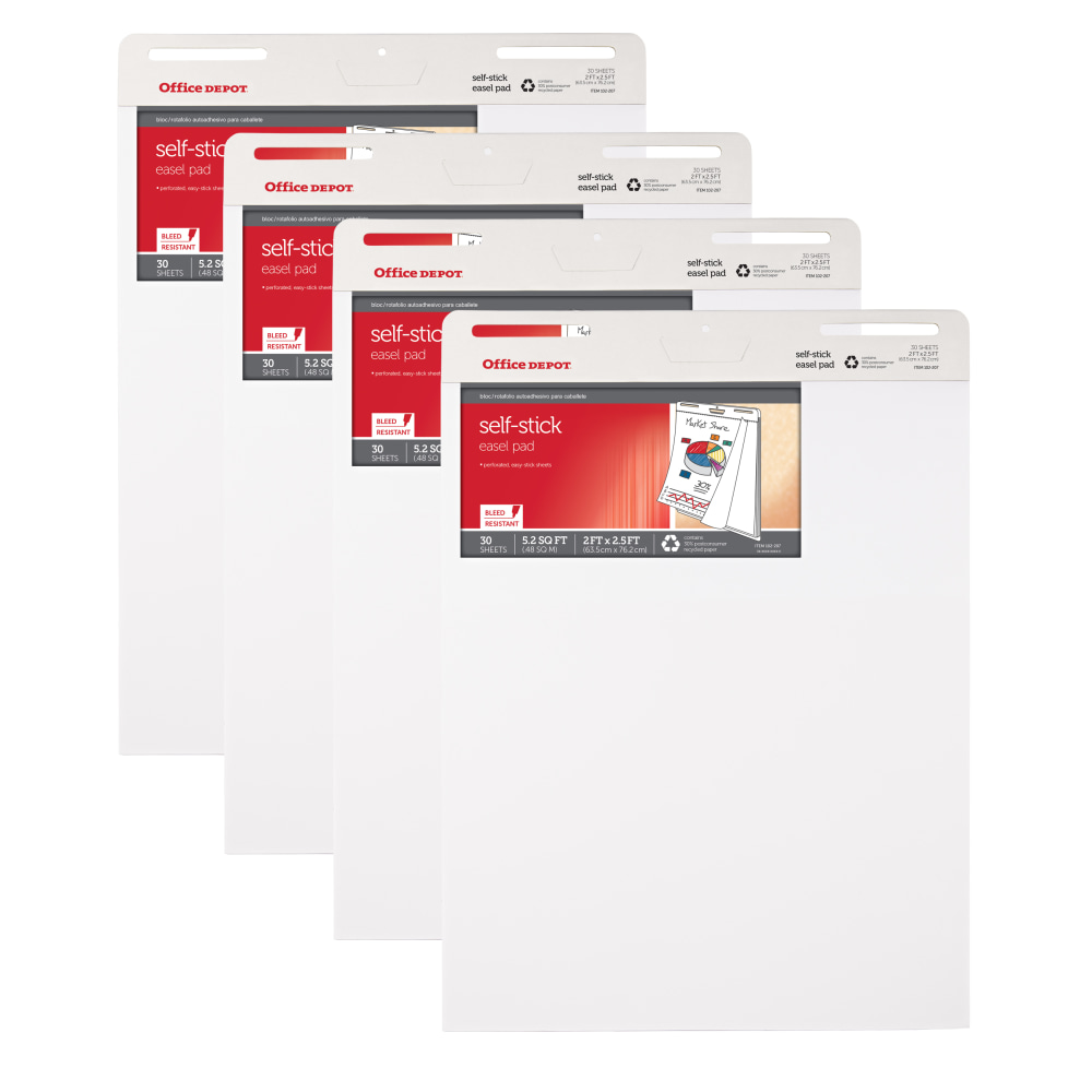 Bleed Resistant Self-Stick Easel Pads, 25" x 30", 30 Sheets, 30% Recycled, White, Pack Of 4 ...