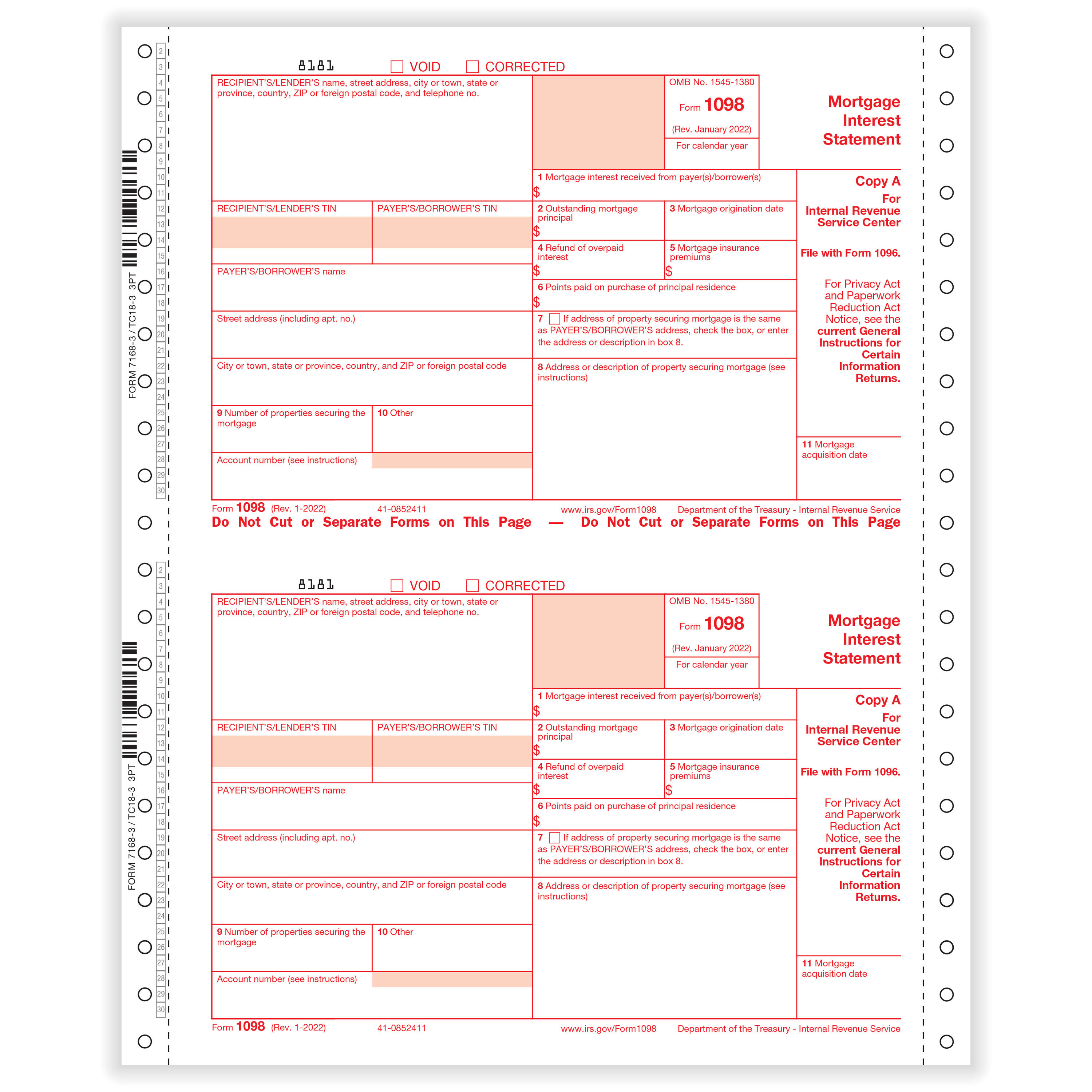 ComplyRight 1098 Tax Forms, 3-Part, Copies A, B, C, 1-Wide, Continuous ...