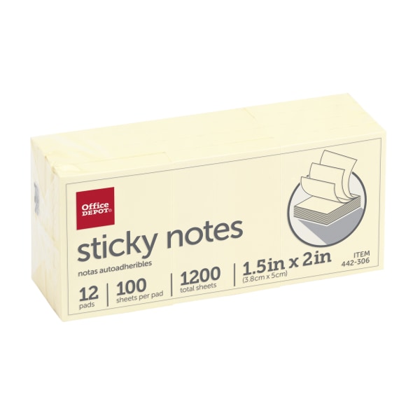 Sticky Notes, 1-1/2" x 2", Yellow, 100 Sheets Per Pad, Pack Of 12 Pads ...