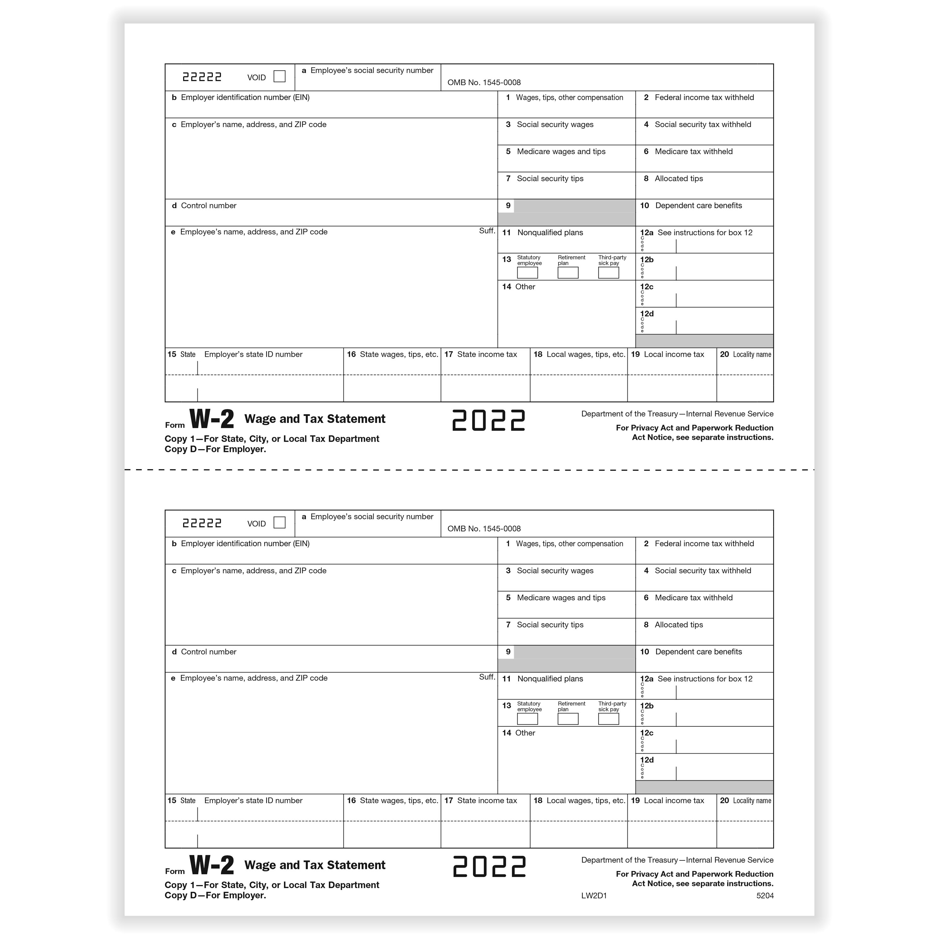 ComplyRight W-2 Tax Forms, 2-Up, Employer's Copy D and/or State, City ...