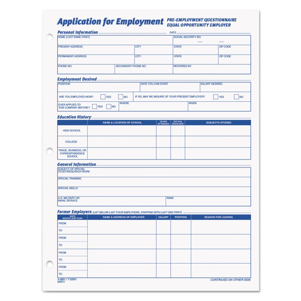 TOPS Employment Application Forms - 50 Sheet(s) - Gummed - 8.50" x 11 ...