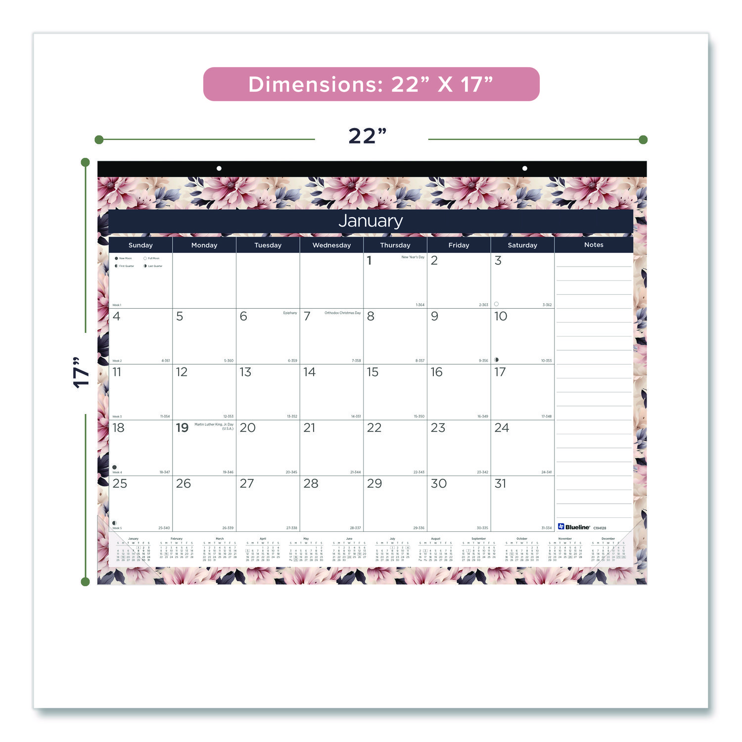 Blueline Monthly Desk Pad Calendar, Floral Artwork, 22 x 17, Black ...