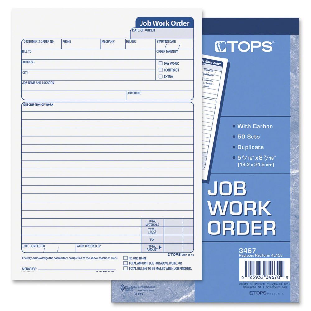 TOPS Job Work Order, 5-1/2 x 8-1/2, Carbon Duplicate, 50-Set Pad ...