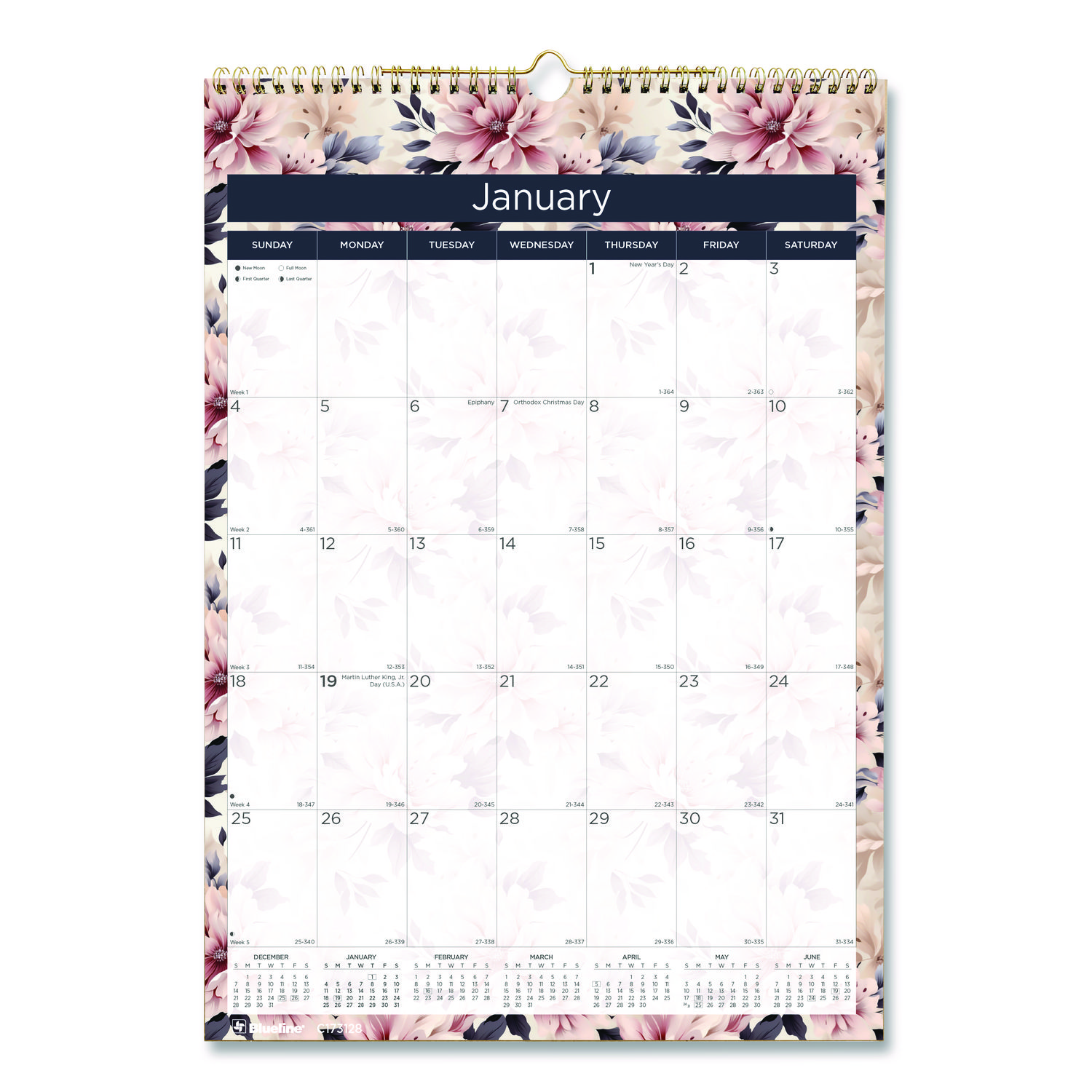 Blueline 12-Month Colorful Wall Calendar, Floral Artwork, 12 x 17 ...