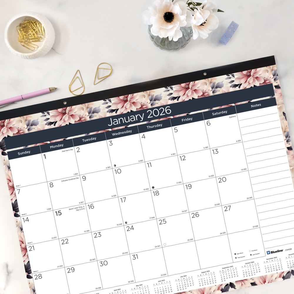 Blueline Monthly Desk Pad Calendar, Floral Artwork, 22 x 17, Black ...