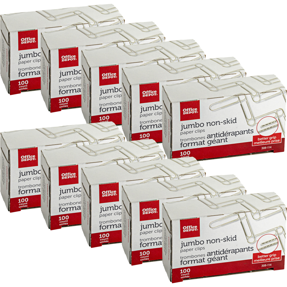 Non-Skid Paper Clips, Jumbo, Silver, Pack Of 10 Boxes, 100 Clips Per ...