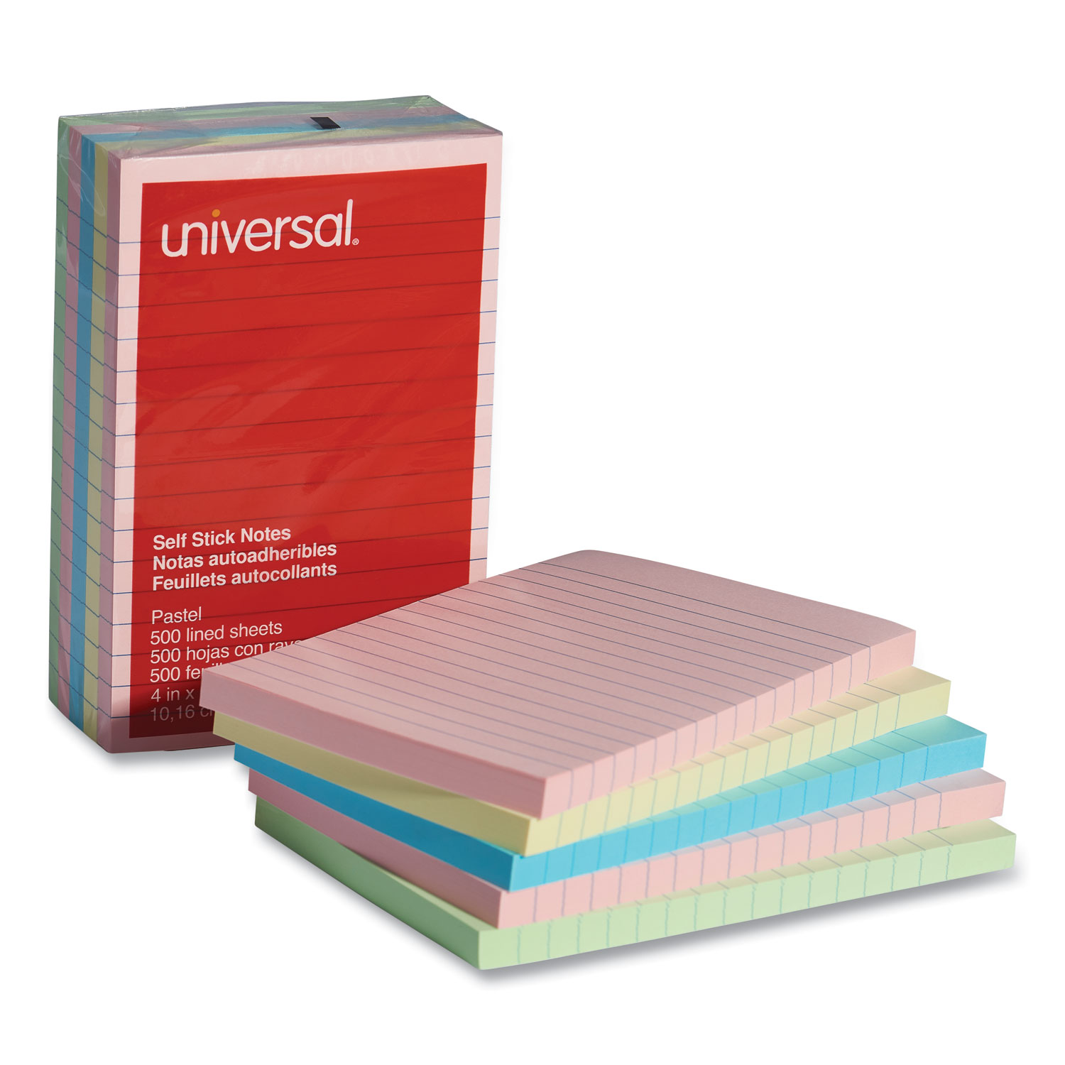 Universal Self-Stick Note Pads, Note Ruled, 4" x 6", Assorted Pastel ...
