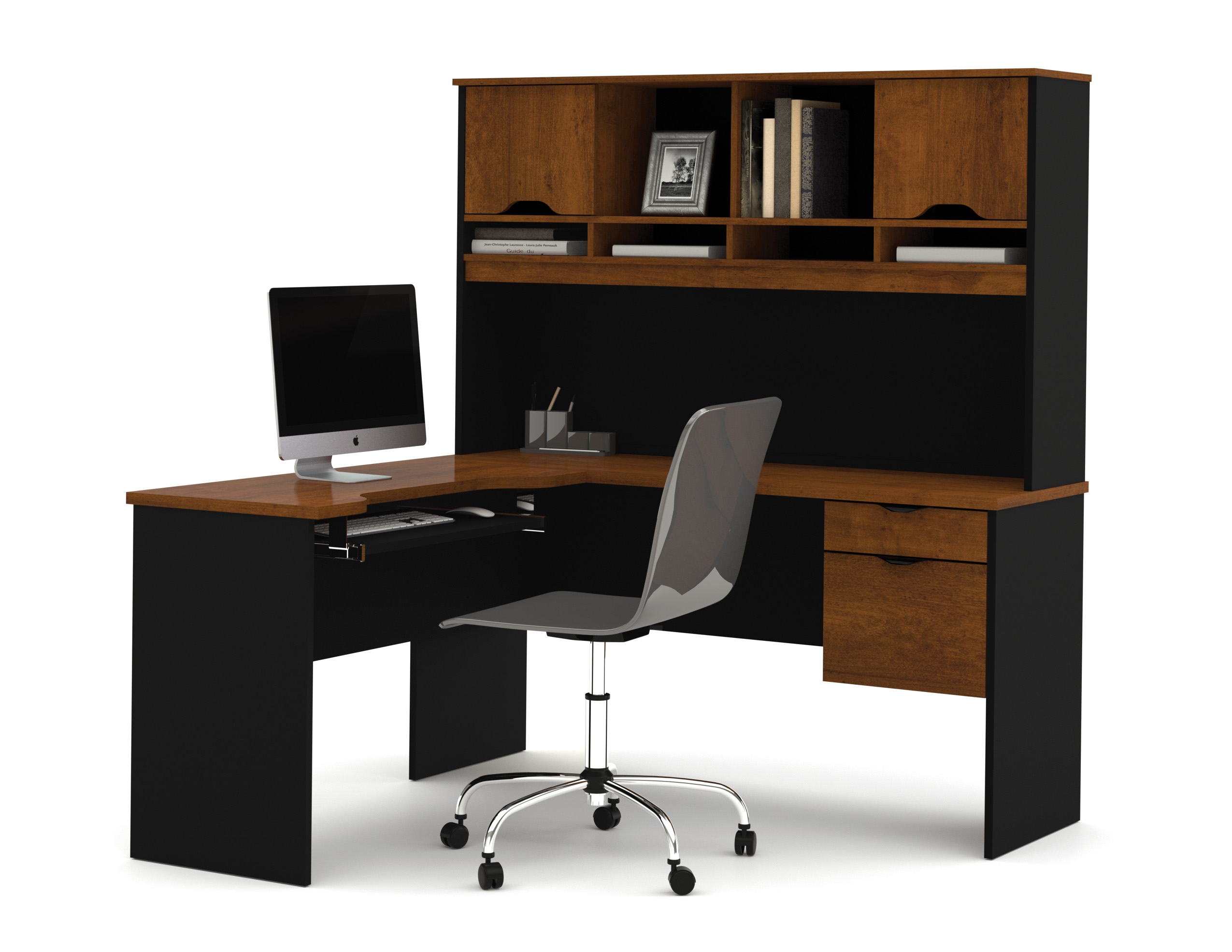 Bestar Innova L-shaped desk in Tuscany Brown & Black | OfficeSupply.com