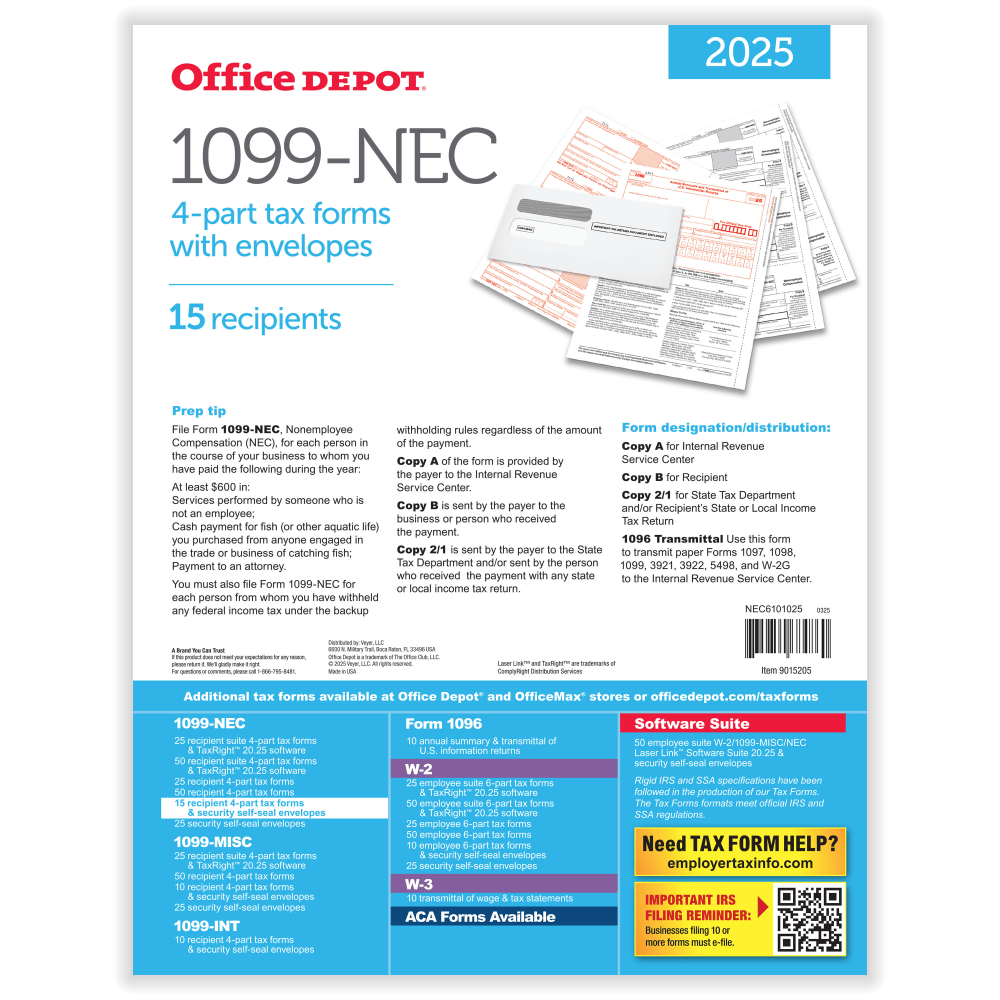 1099-NEC Laser Tax Forms And Envelopes, 4-Part, 3-Up, 8-1/2" x 11 ...