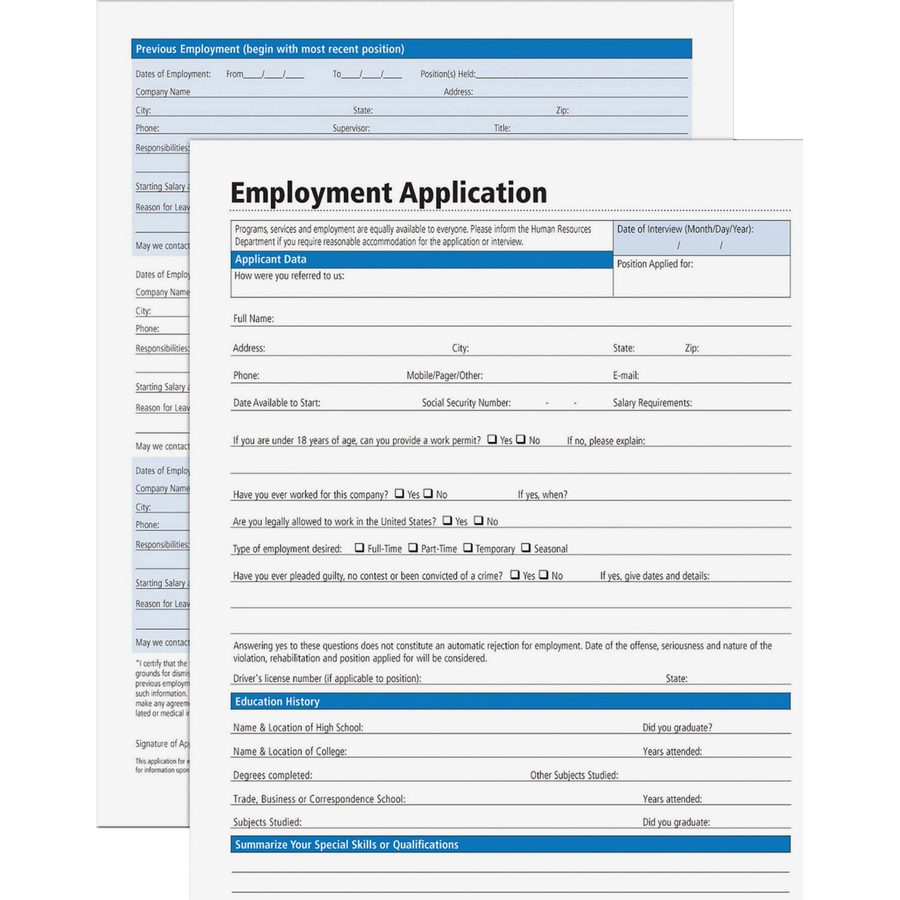Adams Employment Application Forms - ABFHR104 | OfficeSupply.com
