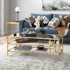 Winthrop 46" Wide Rectangular Coffee Table with Glass Top in Brass ...