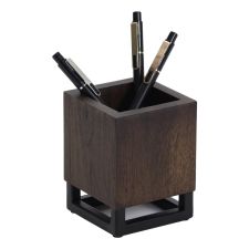 Acadia Wood/Metal Pen Cup, 4-1/4"H x 3-1/4"W x 3-1/4"D, Walnut/Black ...