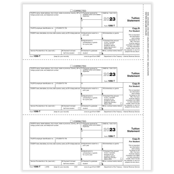ComplyRight 1098-T Tax Forms, 3-Up, Student Copy B, Laser, 8-1/2" x 11 ...