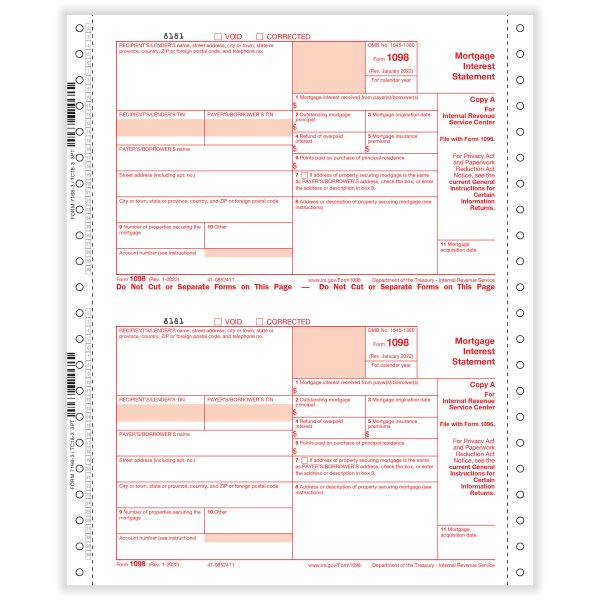 ComplyRight 1098 Tax Forms, 3-Part, Copies A, B, C, 1-Wide, Continuous ...