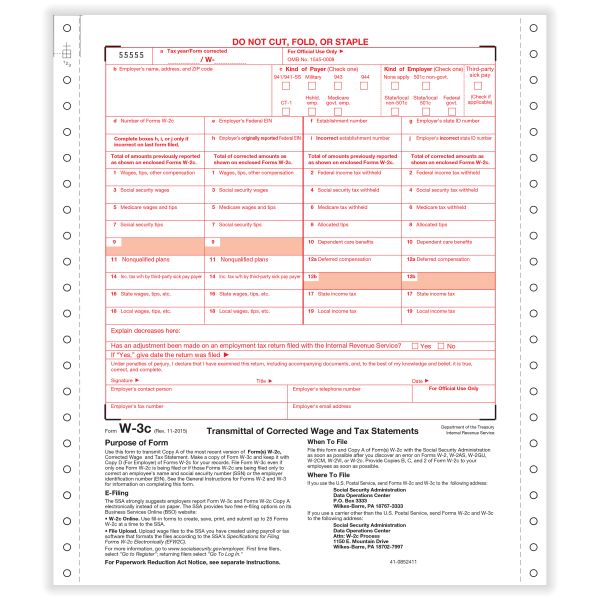 ComplyRight W-3C Tax Forms, Continuous, 9" x 11", Pack Of 100 Forms ...