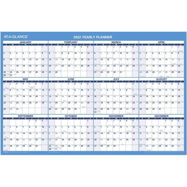 AT-A-GLANCE Erasable Reversible Yearly Wall Calendar, 36" x 24", Blue ...