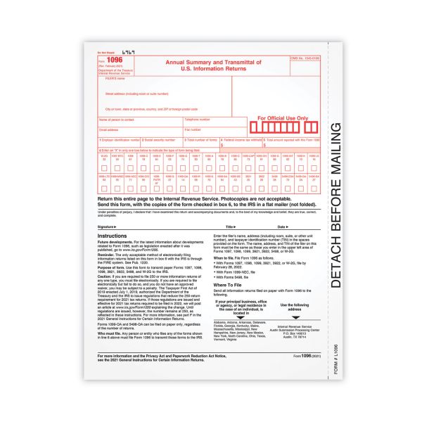 Adams 1096 Tax Form, Fiscal Year: 2021, One-Part (No Copies), 8 x 11 ...