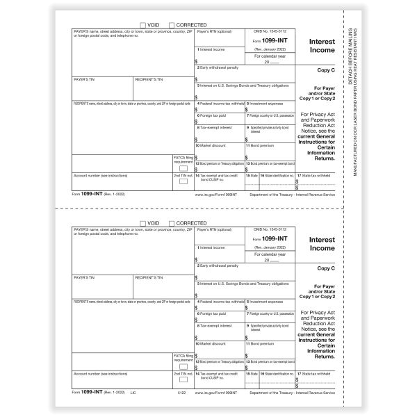 ComplyRight 1099-INT Tax Forms, 2-Up, Payer Copy C and/or State Copy, Laser, 8-1/2" x 11", Pack ...
