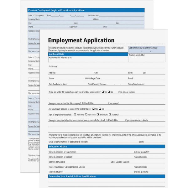 Adams Employment Application Forms - ABFHR104 | OfficeSupply.com