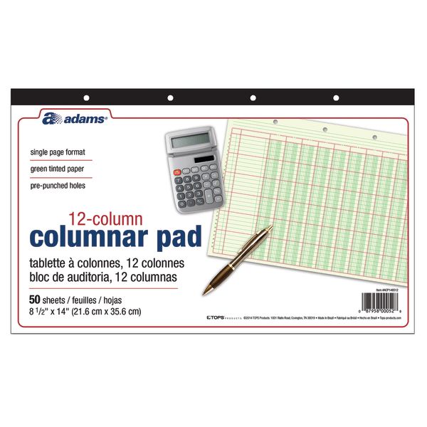 Adams Analysis Pad, 14" x 8 1/2", 50 Pages (50 Sheets), 12 Columns ...